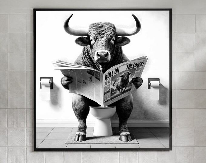 Bull Sitting on the Toilet Reading a Newspaper Bathroom Guest Toilet ...