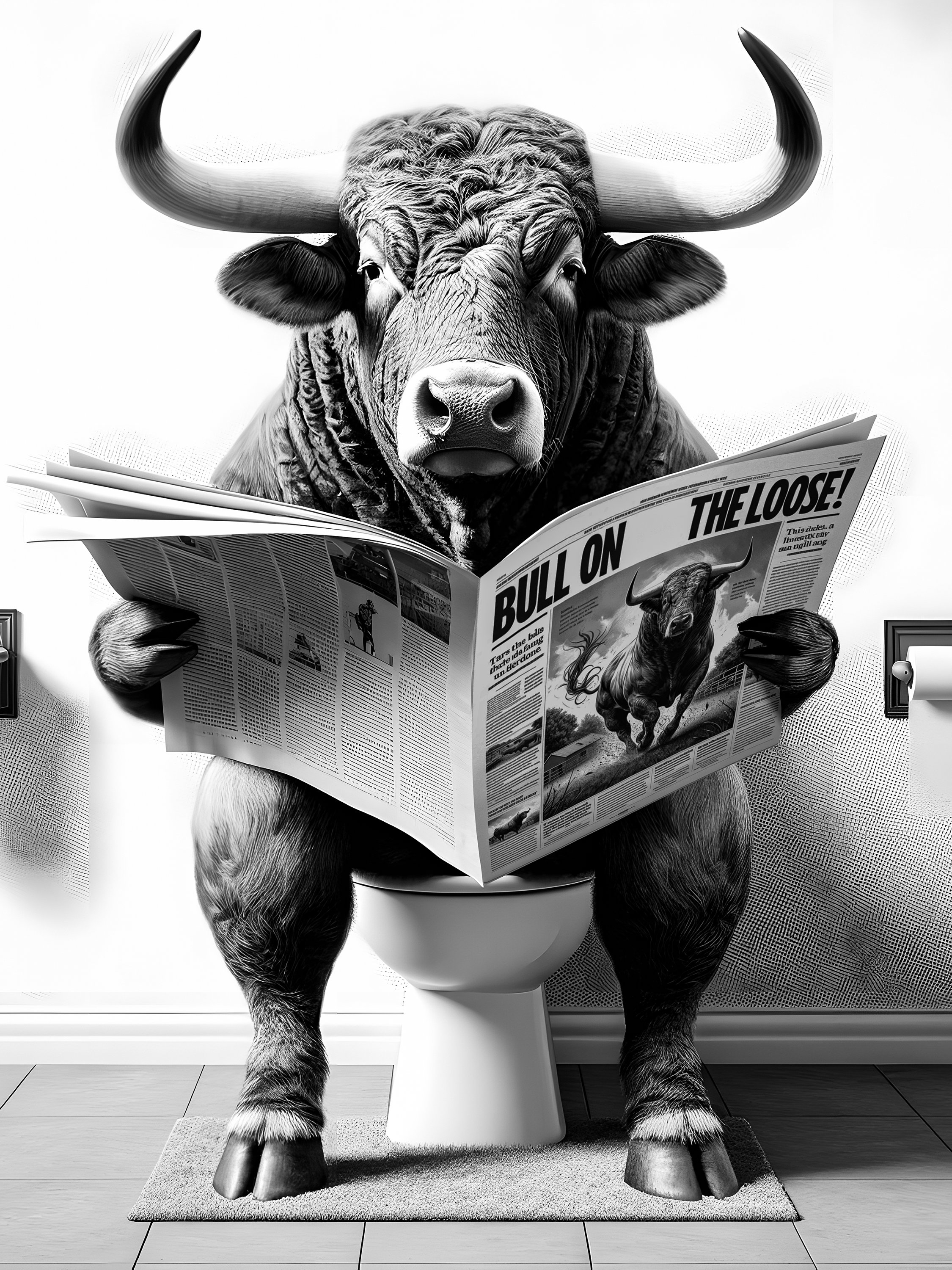 Bull Sitting on the Toilet Reading a Newspaper Bathroom Guest Toilet ...