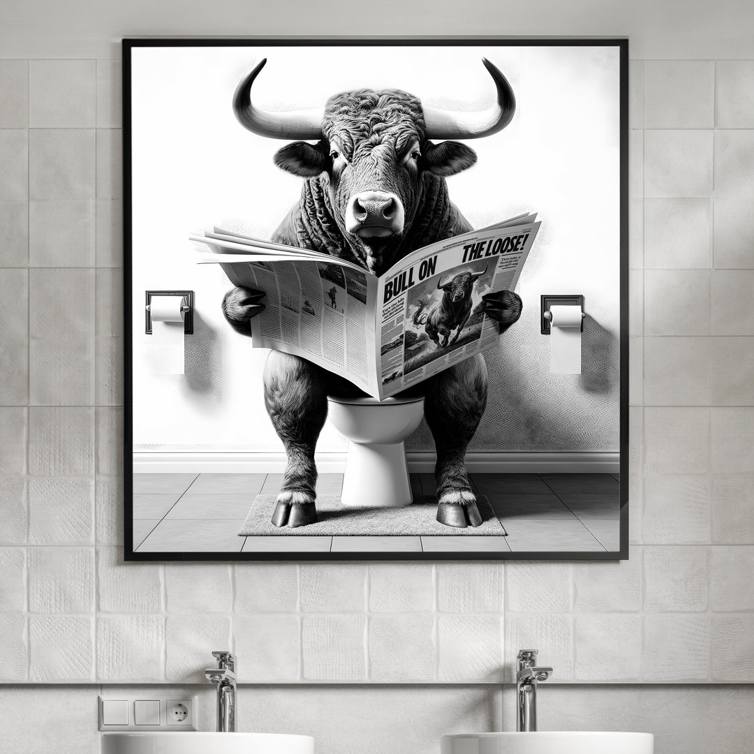 Bull Sitting on the Toilet Reading a Newspaper Bathroom Guest Toilet ...