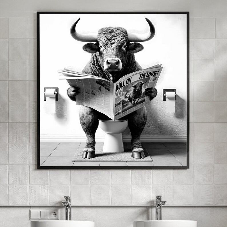 Bull Sitting on the Toilet Reading a Newspaper Bathroom Guest Toilet ...