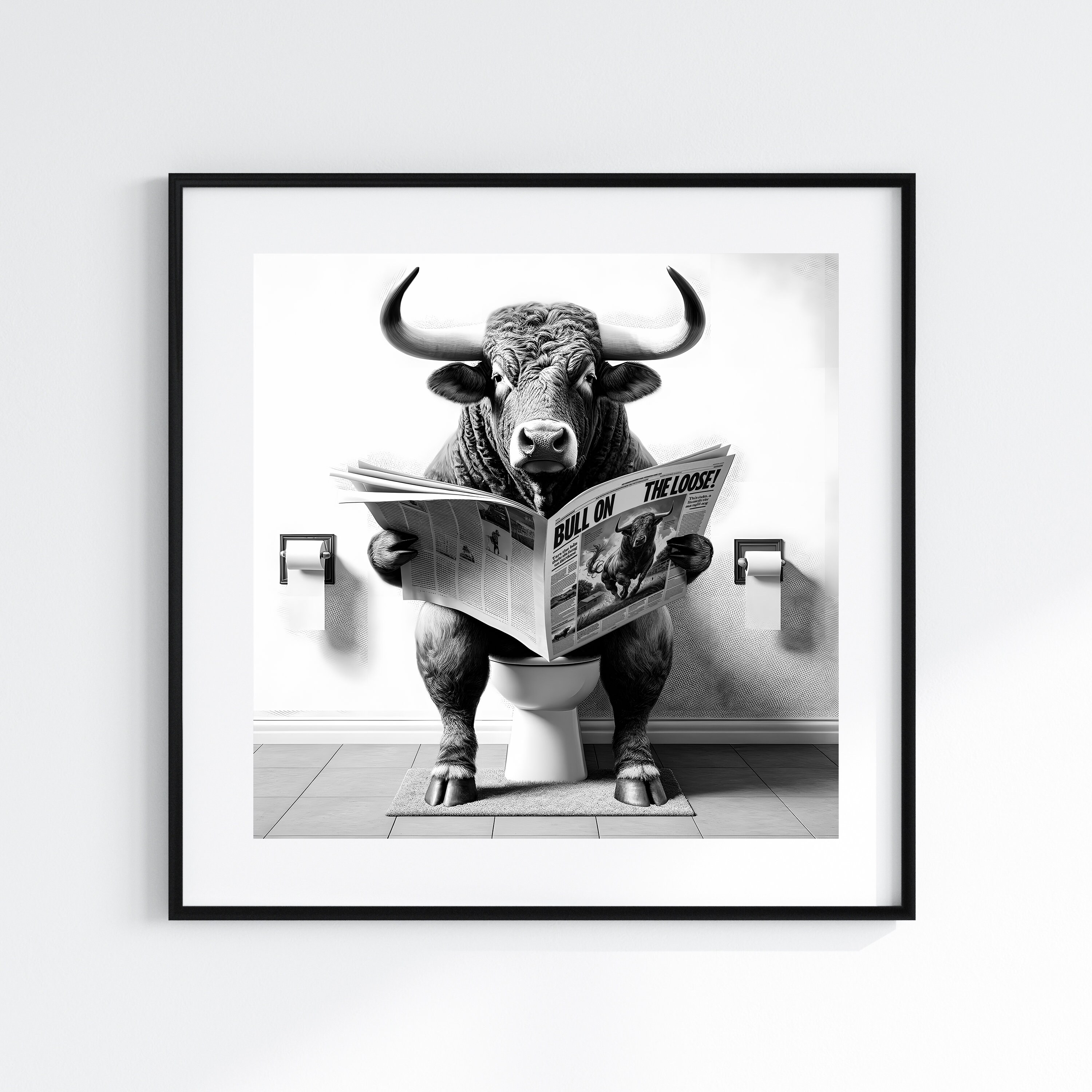 Bull Sitting on the Toilet Reading a Newspaper Bathroom Guest Toilet ...