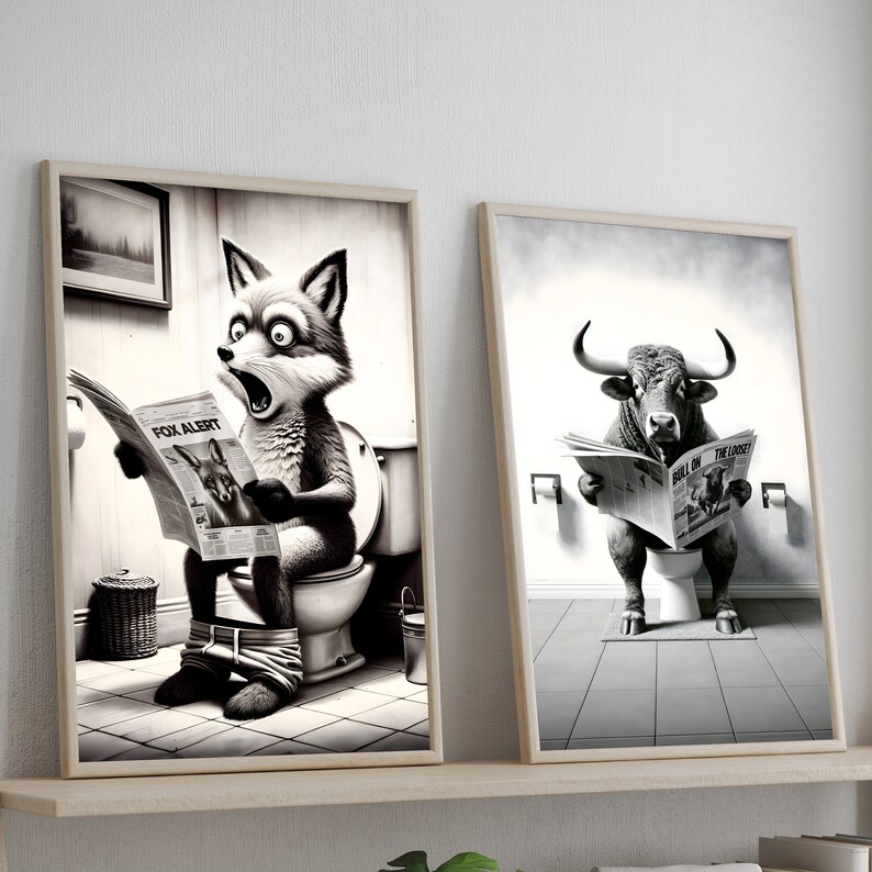 Bull Sitting on the Toilet Reading a Newspaper Bathroom Guest Toilet ...