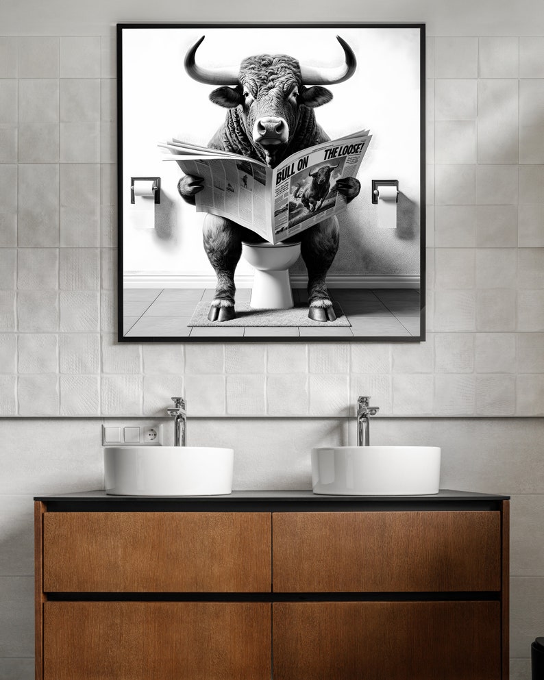 Bull Sitting on the Toilet Reading a Newspaper Bathroom Guest Toilet ...