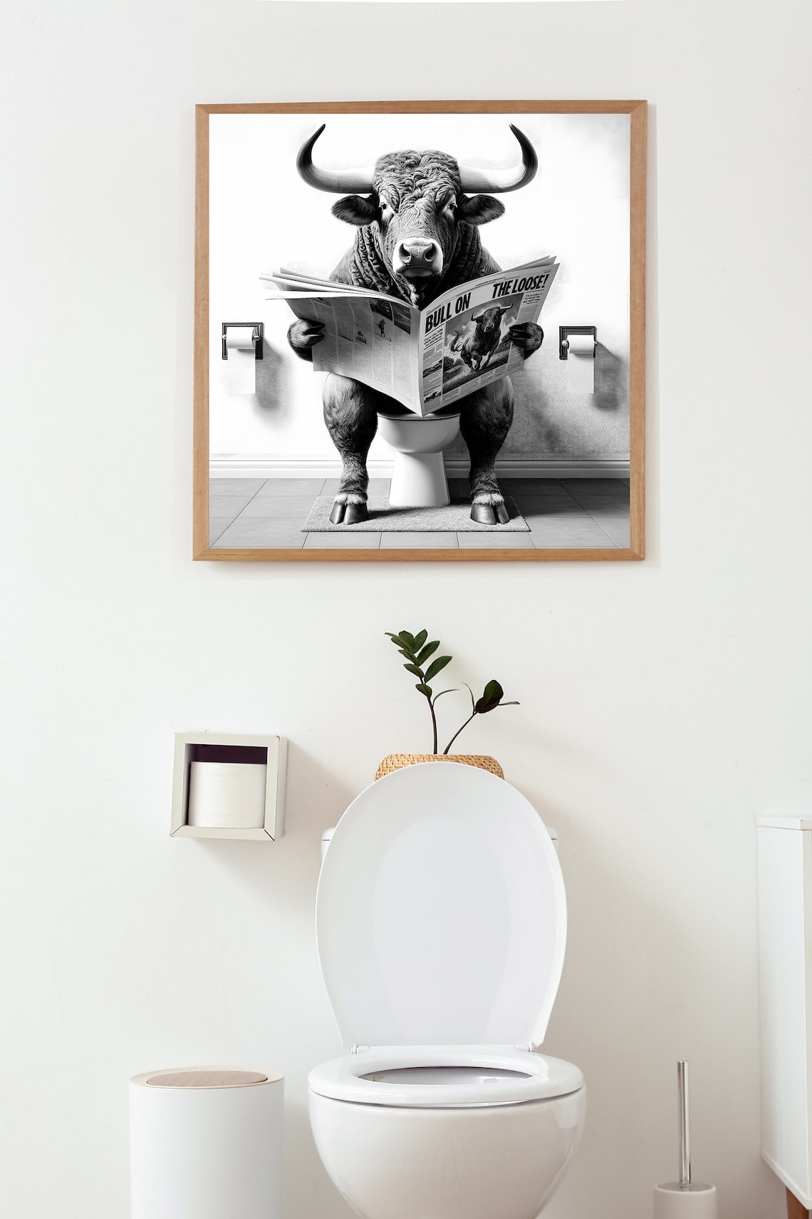 Bull Sitting on the Toilet Reading a Newspaper Bathroom Guest Toilet ...