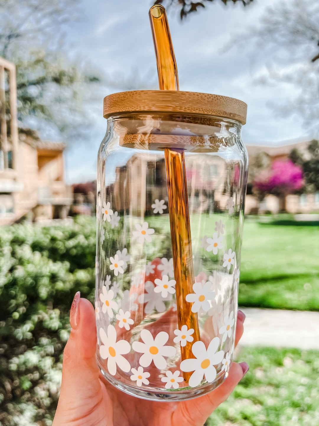 Daisy Beer Can Glass | Spring Iced Coffee Cup | Bamboo Lid and Glass ...