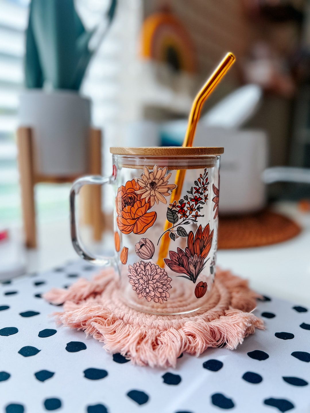 Floral 16oz Glass Mug | Aesthetic Flowers Mug | Glass Coffee Mug | Boho ...