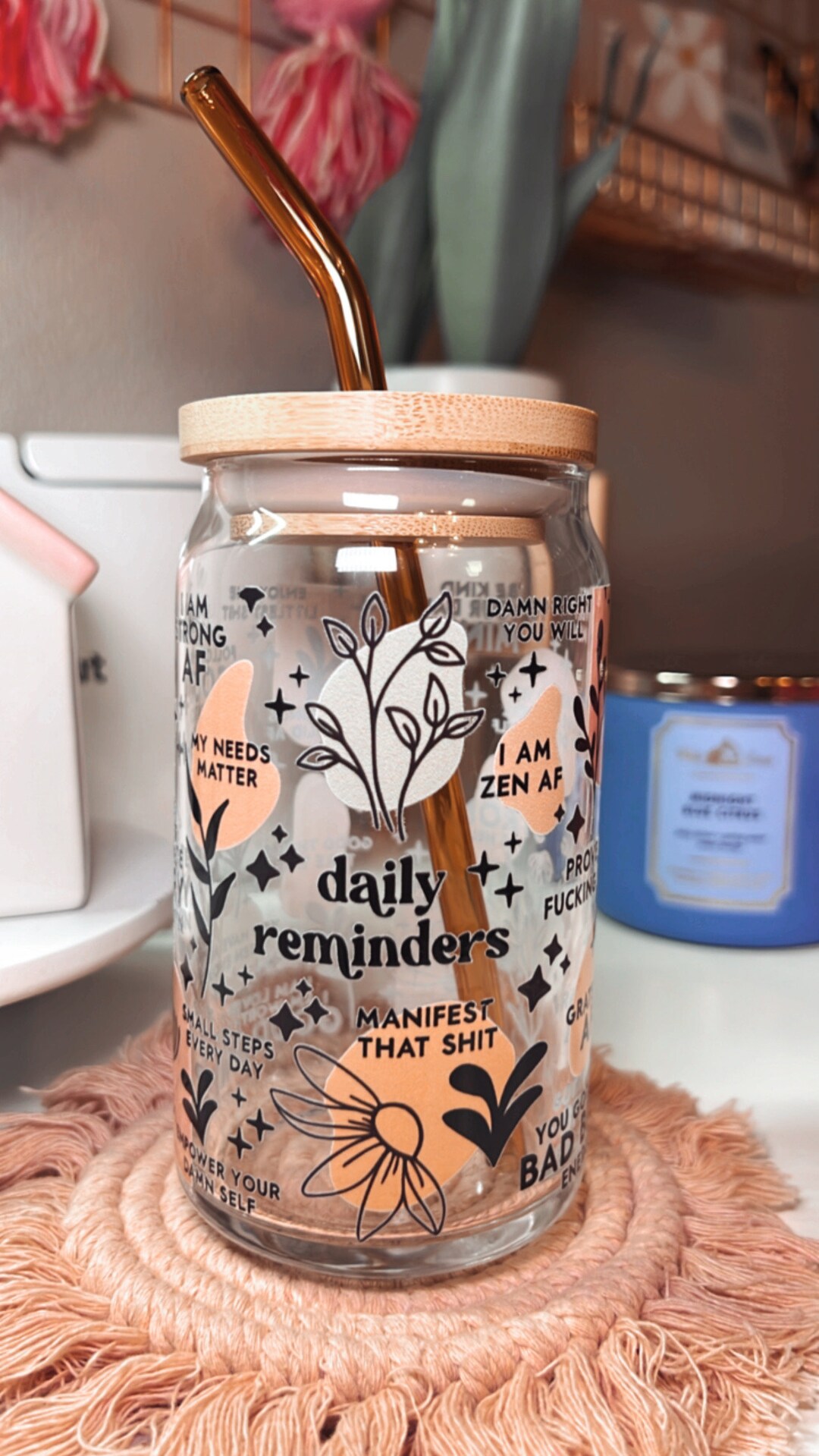 Daily Reminders Glass Can Affirmations Iced Coffee Cup Motivational ...