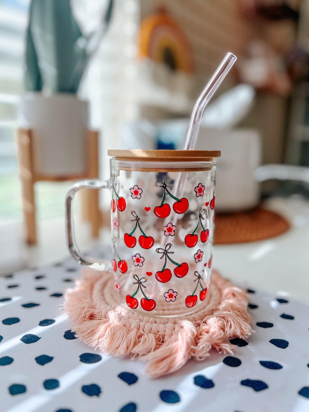 Daisy Cherry Glass Mug | Aesthetic 16oz Coffee Mug - Etsy