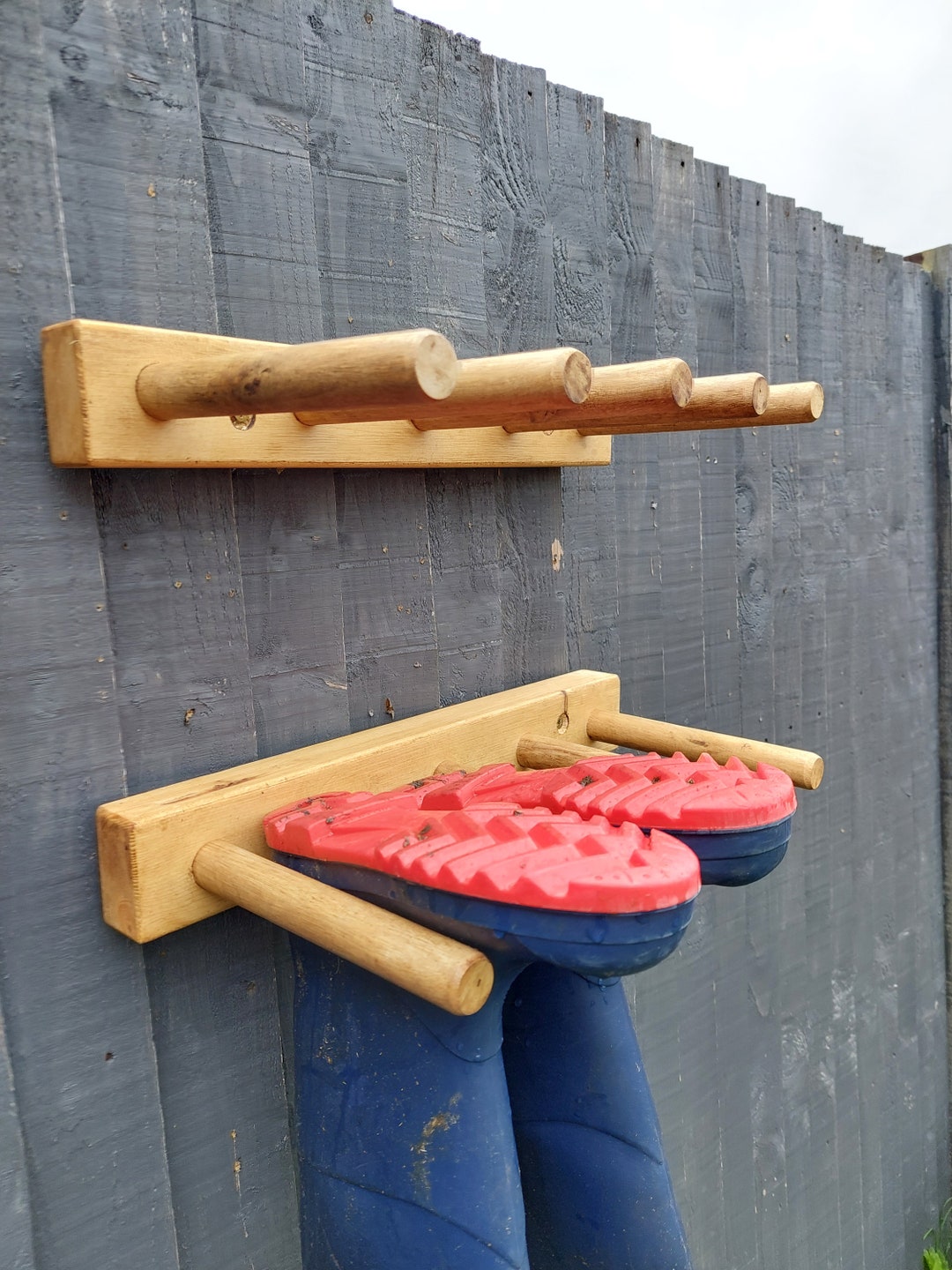 OAK WAXED Welly Wellington Wellies Wooden Rack / Boots Holder Wall ...