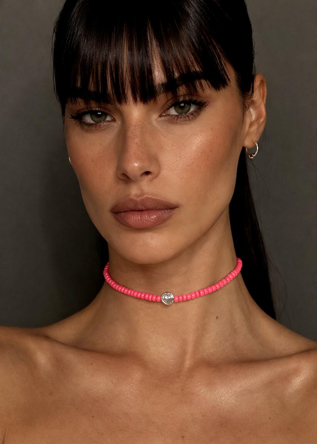 Minimal Coral Choker With Silver Heart, Modern Coral Choker, Delicate ...