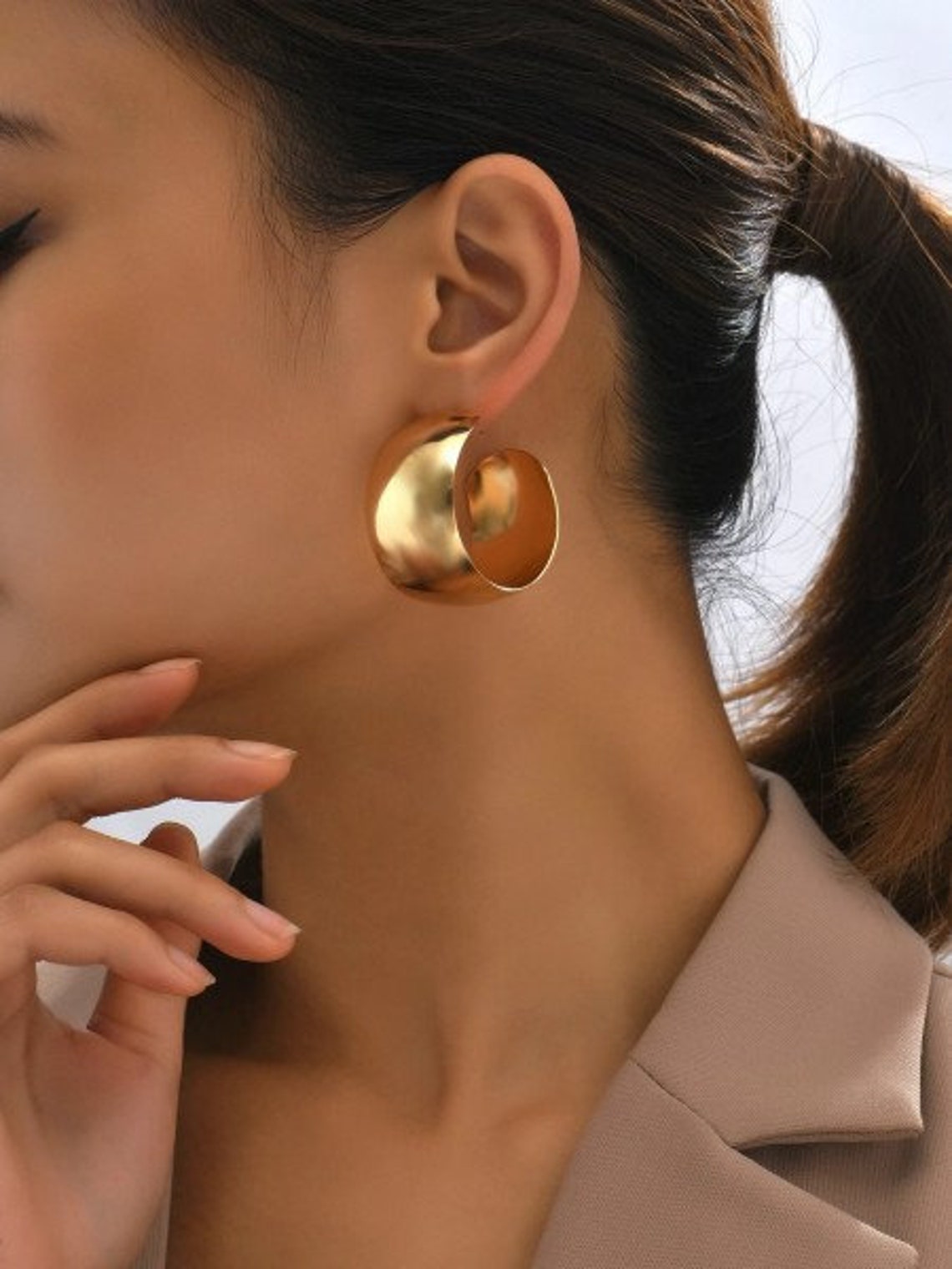 Wide Gold Hoops Minimalist Gold Hoop Earrings Chic Gold Plated Hoops Wide Gold Hoops Modern Gold ...