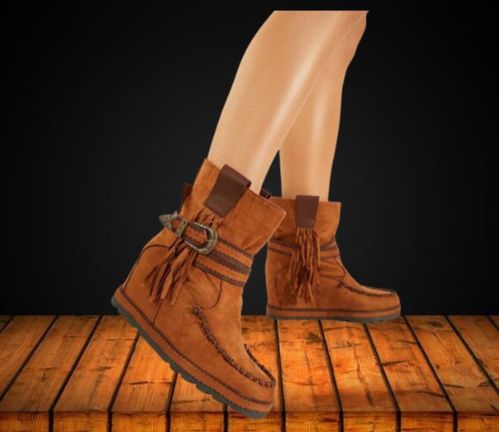 Camel Suede Booties With Fringes Boho Brown Booties Platform Booties ...