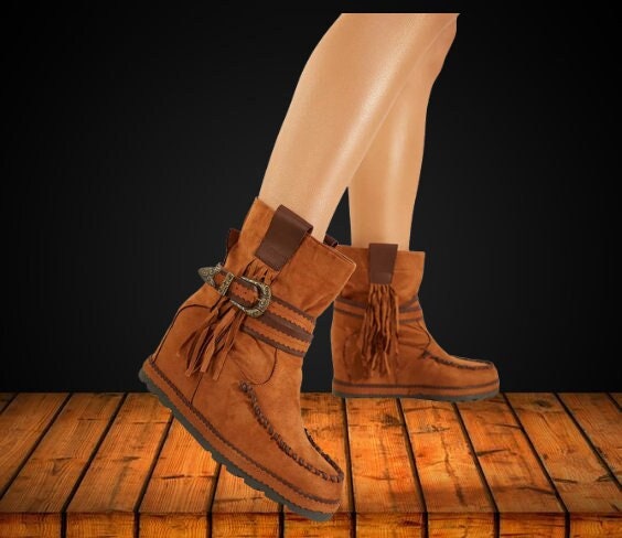 Camel Suede Booties With Fringes Boho Brown Booties Platform Booties ...