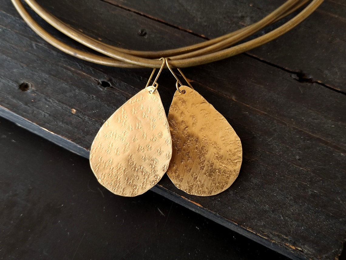 Handmade Small Brass Drop Hoops Minimalist Brass Hammered Earrings Boho ...