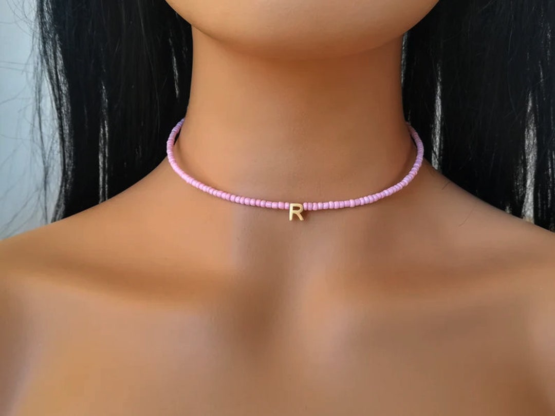 Handmade 24k Gold Plated Initial Choker, Initial Pink Choker, Pink ...