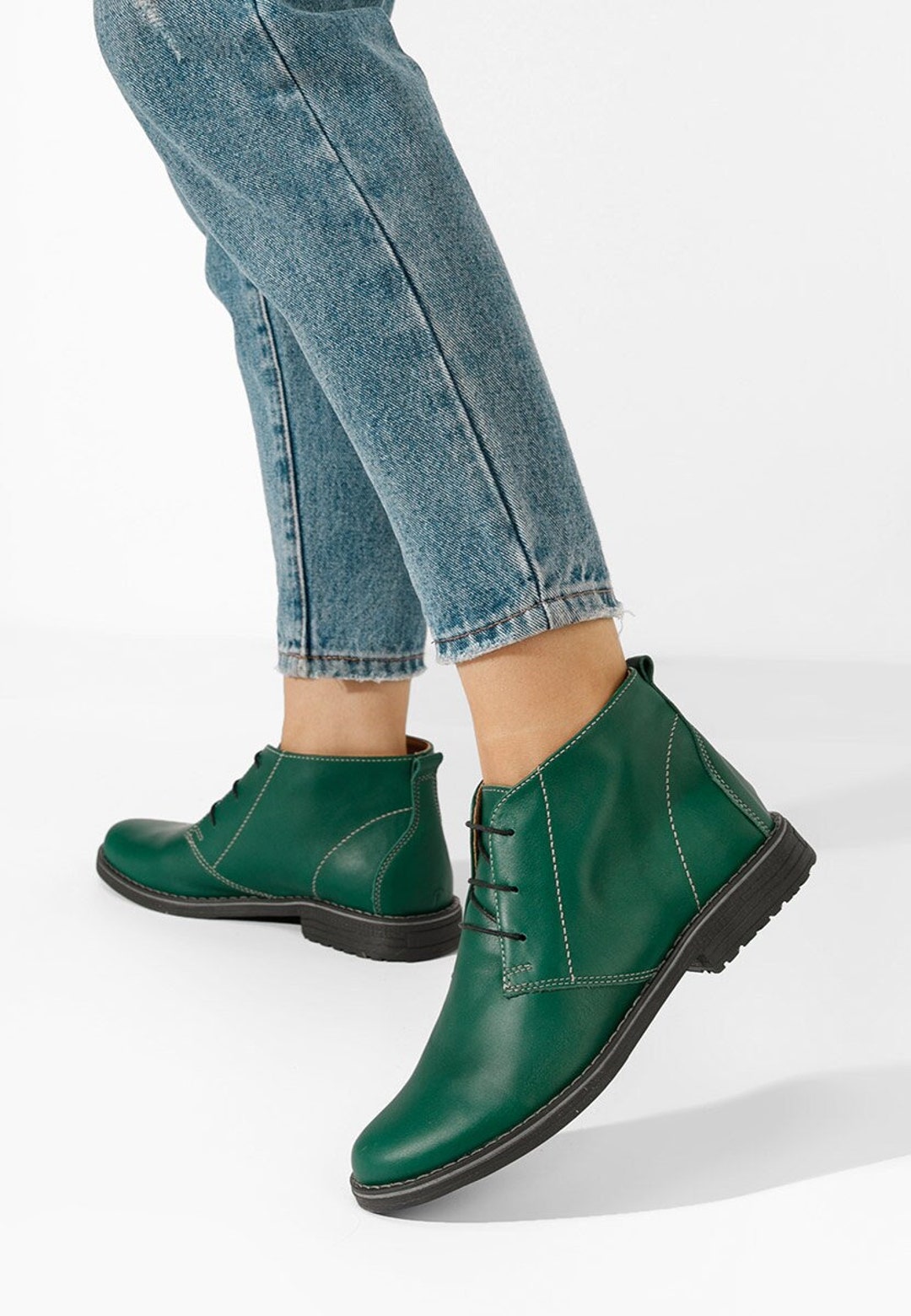 Green Leather Booties With Black Cords Comfort Leather Booties Boho ...