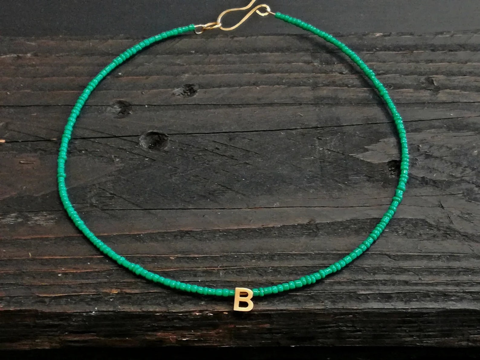 Handmade 24k Gold Plated Initial Green Beaded Choker, Personalized ...