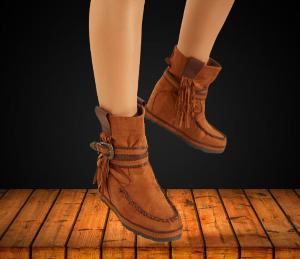Camel Suede Booties With Fringes Boho Brown Booties Platform Booties ...
