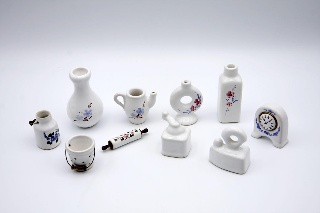 Set Mini Ceramic Ware Vintage Set 9 Pcs Small Porcelain Clock Pot Vases ...