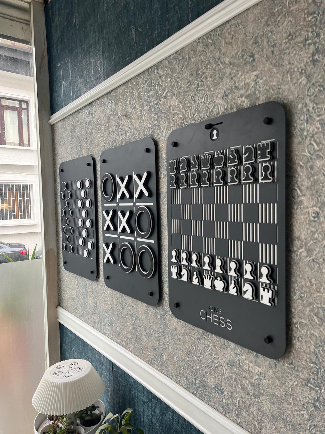 Wall Game Set -chess - XOX - Checkers : Dark Gray Metal, Black and ...