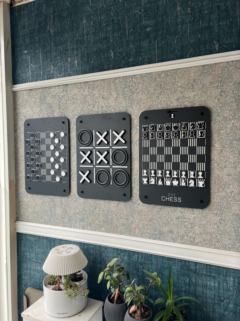 Wall Game Set -chess - XOX - Checkers : Dark Gray Metal, Black and ...