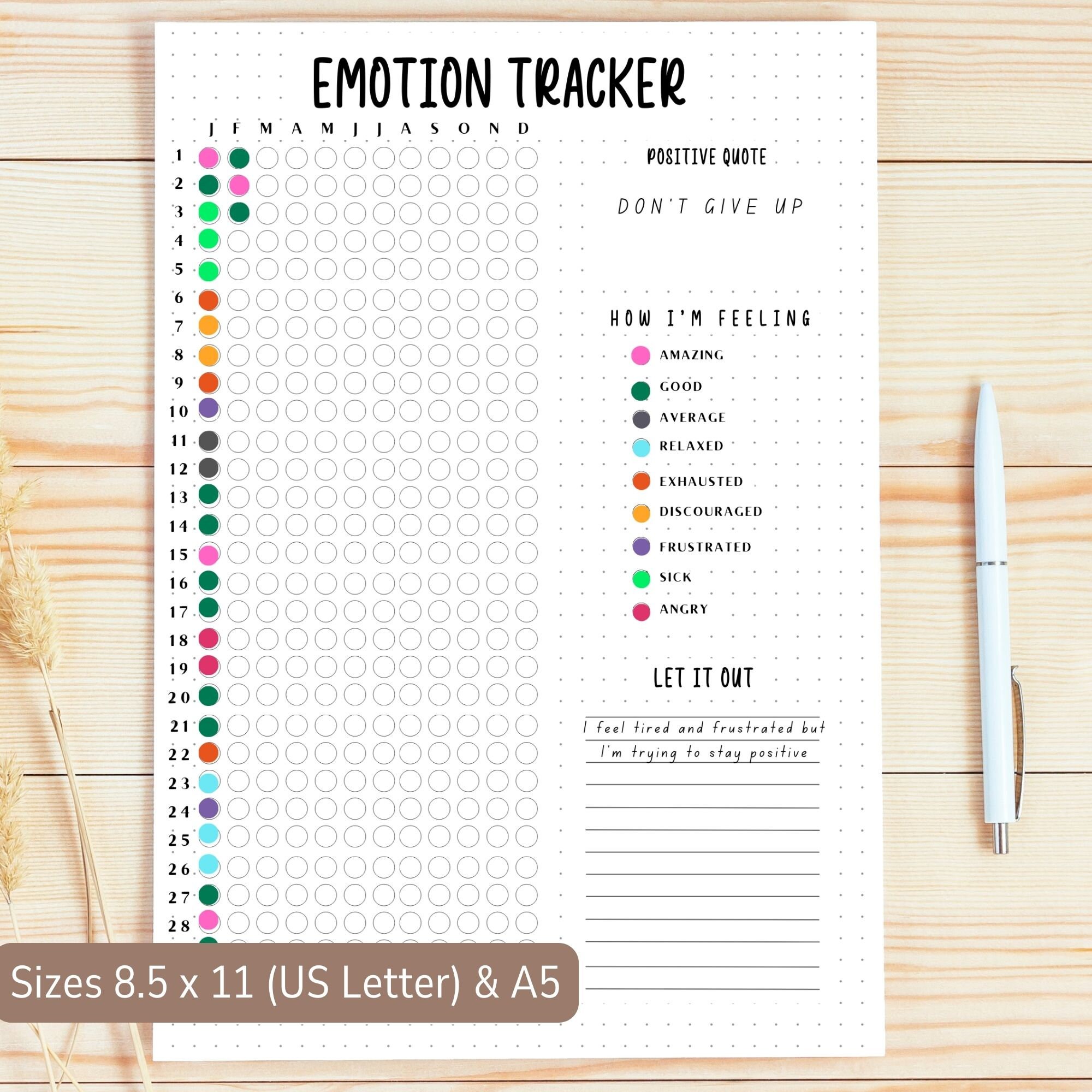 Emotion Tracker Bullet Journal, Printable Anxiety Tracker, Custom ...