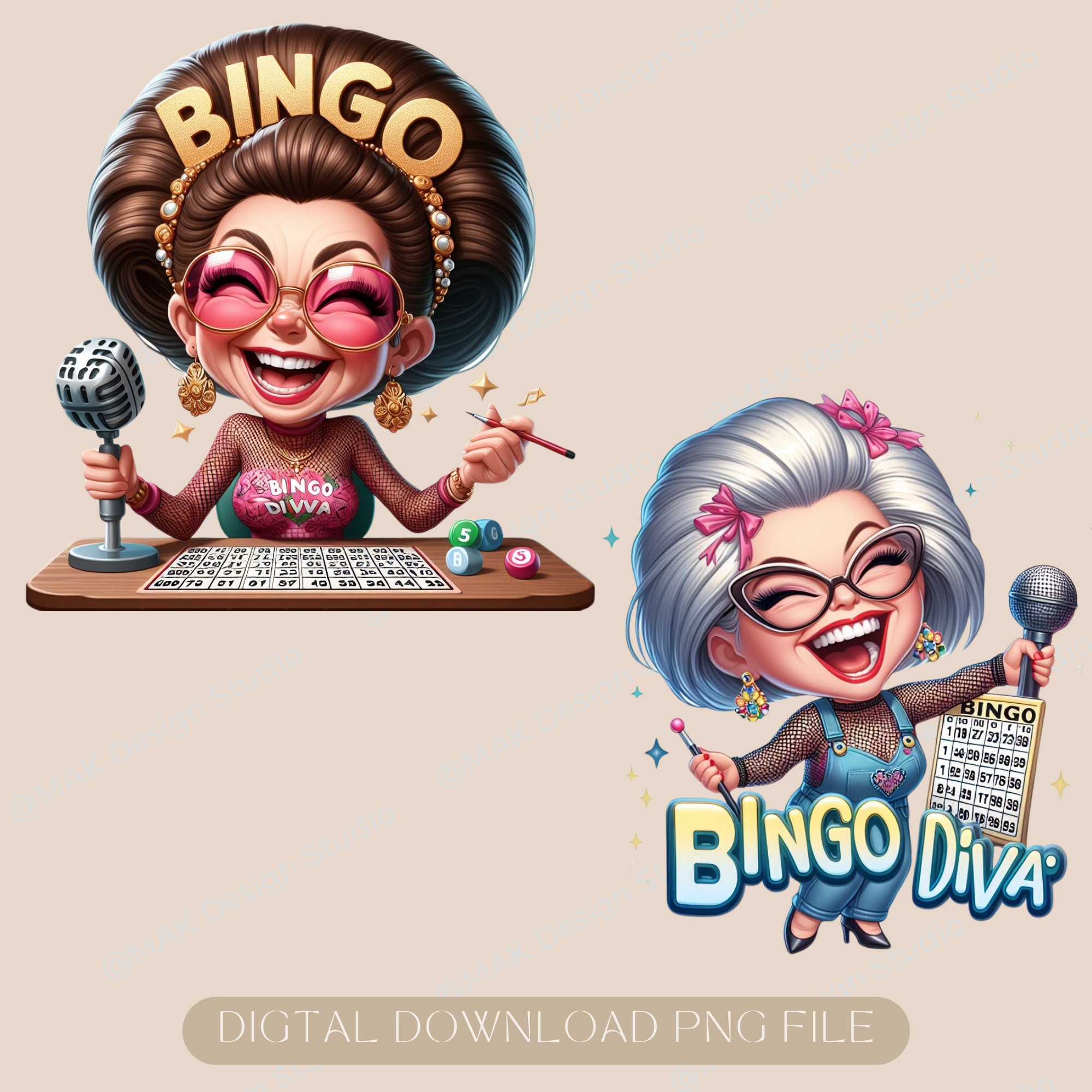 6 Cute BINGO Diva PNG Clipart Instant Download, PNG File, Sublimation Design, Clipart, Mother's ...