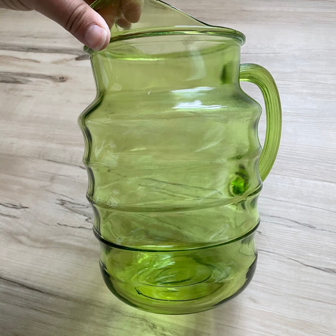 Vintage Anchor Hocking Ringed Green Glass Pitcher Retro Drinkware ...