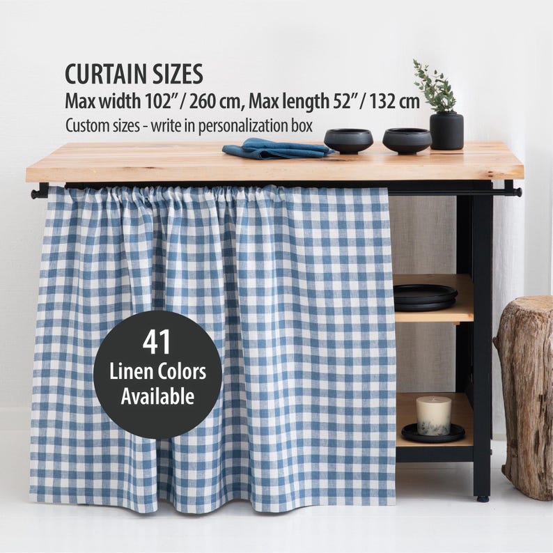 Checkered Linen Shelf Curtain With Rod Pocket – Kitchen Cupboard ...