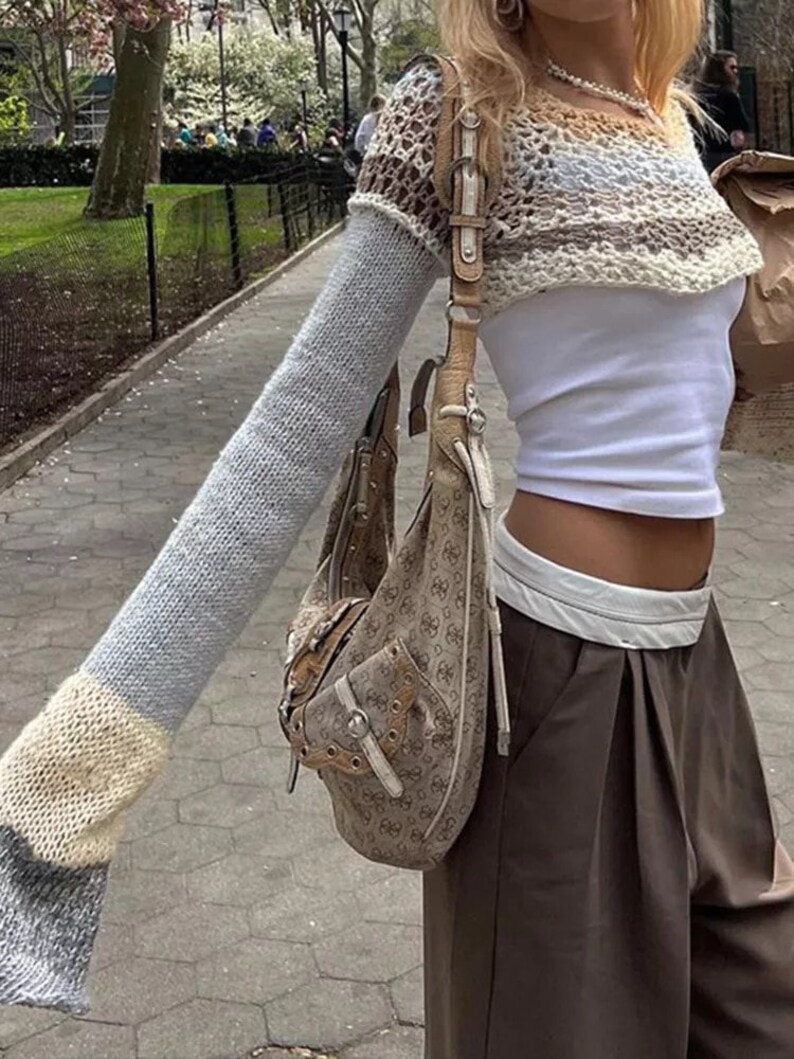 Y2k Hollow Out Crop Top Knitted Retro Long Sleeve T Shirt Etsy