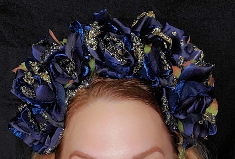Blue Velvet Rose Flower Crown With Gold Glitter Navy Blue Rose Crown ...