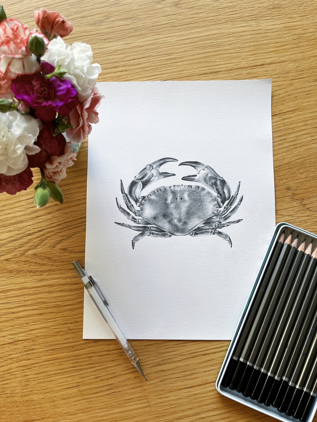Tonal Pencil Crab Drawing Art Print, Under the Sea, Nautical Wall Art ...