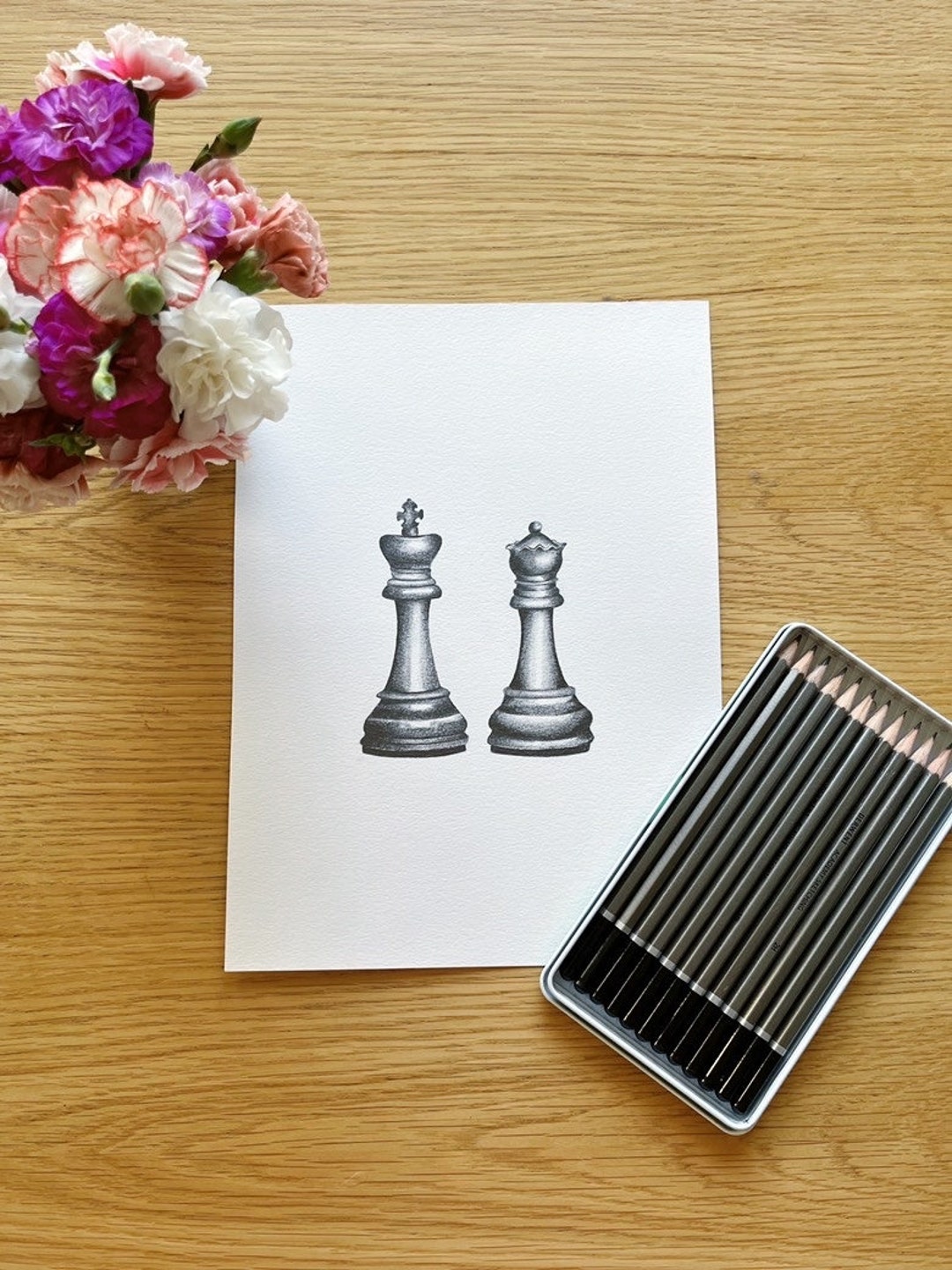 Tonal Pencil Chess Pieces Drawing Print, King and Queen, Regal Wall Art ...