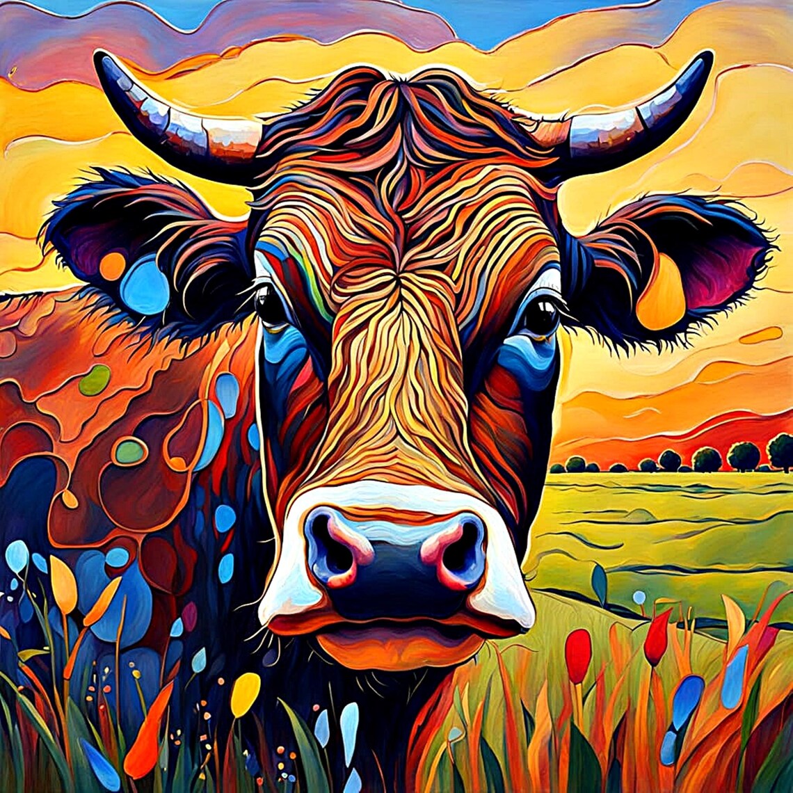 Vibrant Cow Portrait Print: Colorful Countryside Art - Etsy