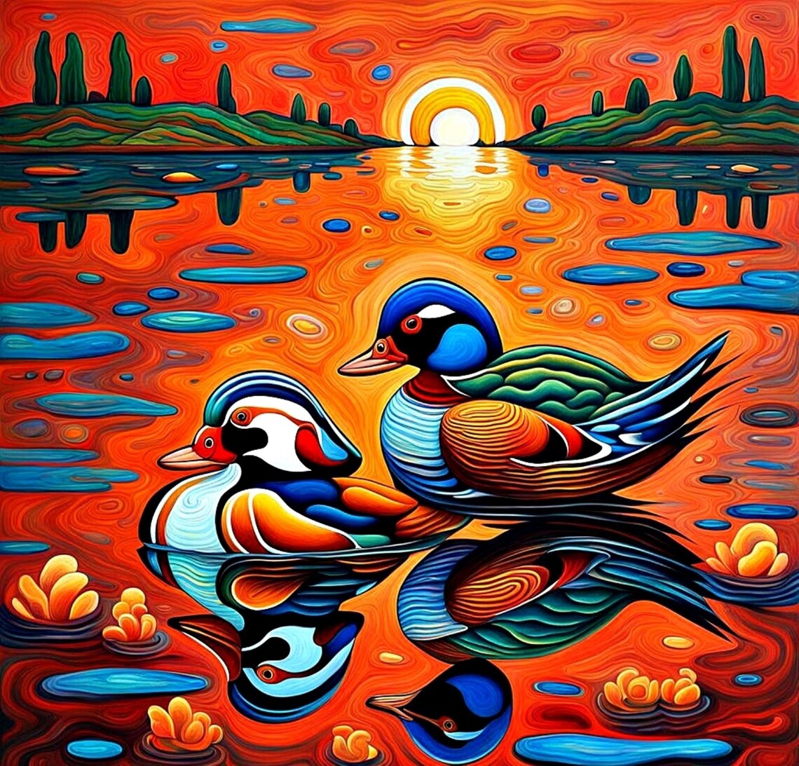 Mandarin Ducks at Sunset - Etsy