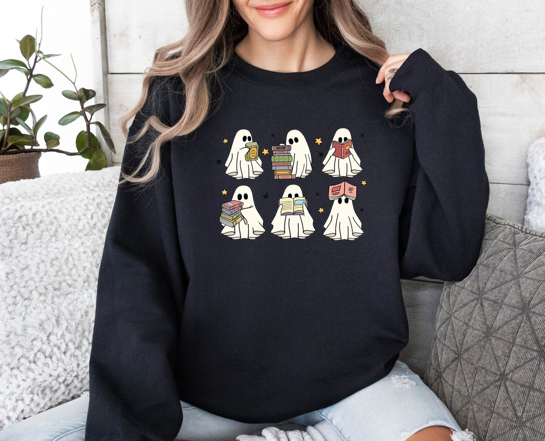 Ghost Reading Books Sweatshirt, Halloween Ghost Sweater, Cute Ghost ...