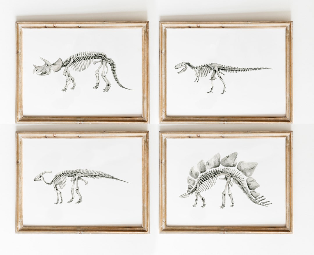 Watercolor Dinosaur Fossil Prints, Stegosaurus, Parasaurolophus ...