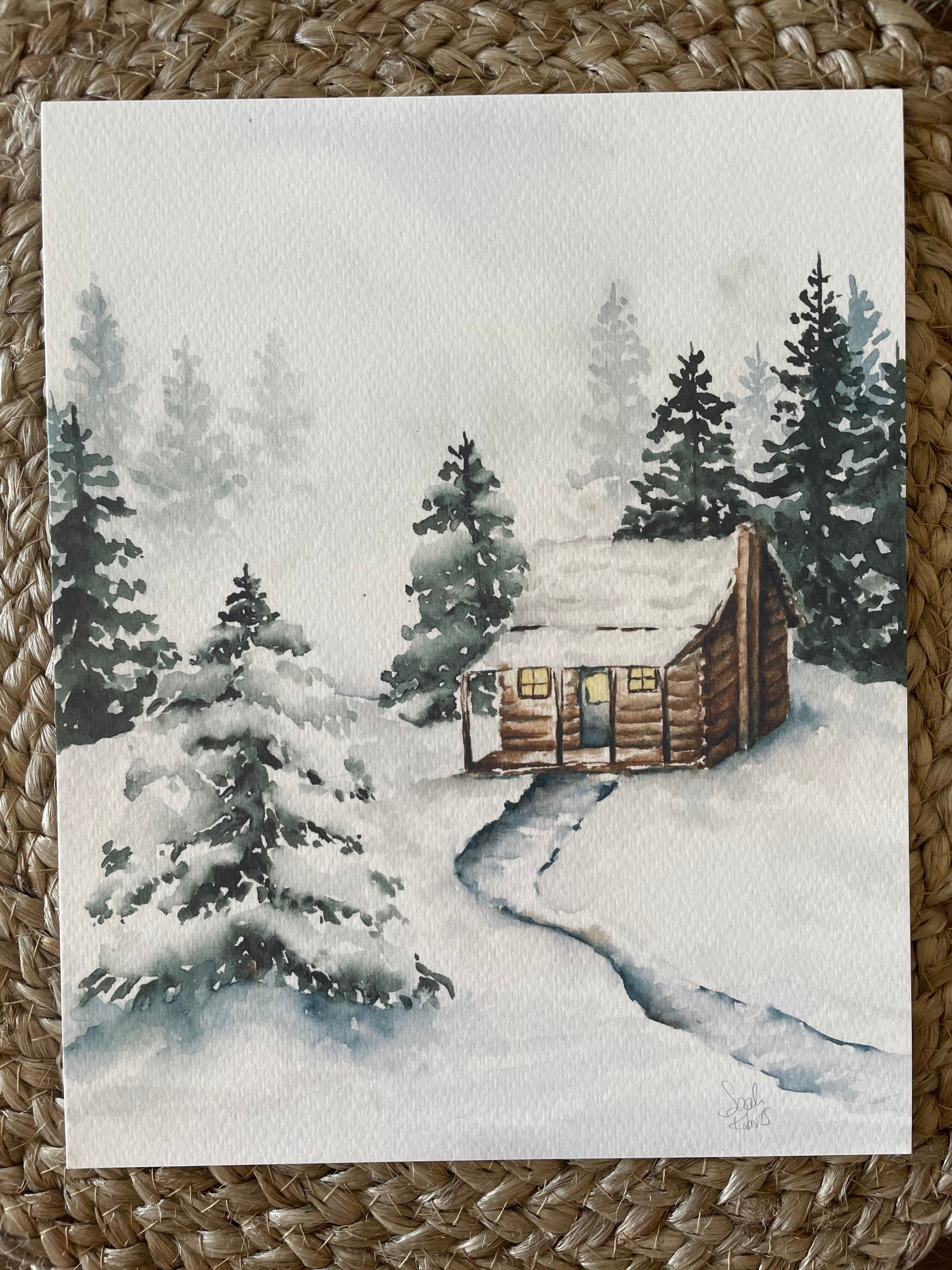 Snowy Cabin Watercolor Print Winter Landscape Print - Etsy