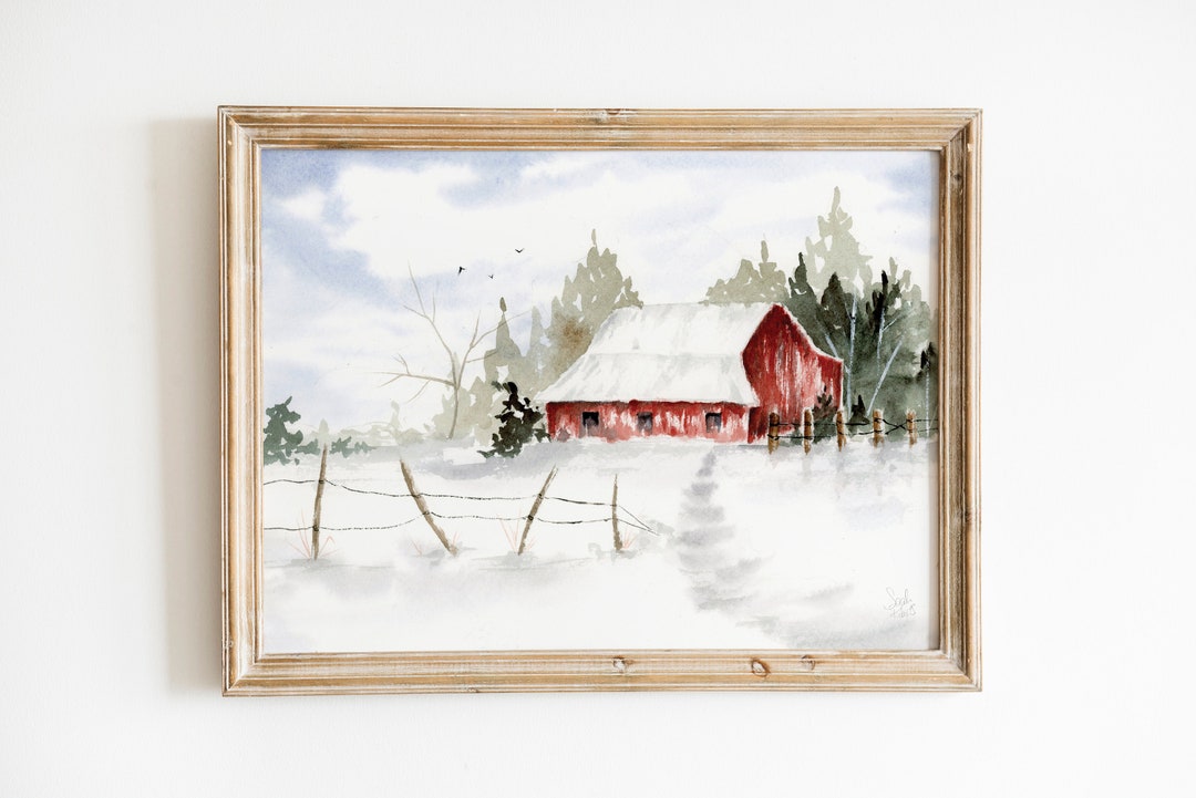 Red Barn Winter Countryside Watercolor Print, Winter Landscape Art ...