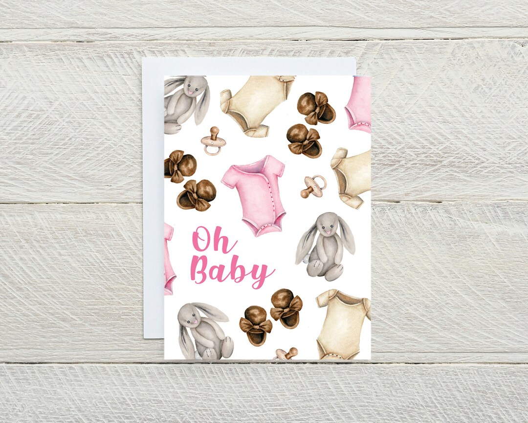 Oh Baby Girl Card, Baby Shower Cards, Birth Announcement, Blank ...
