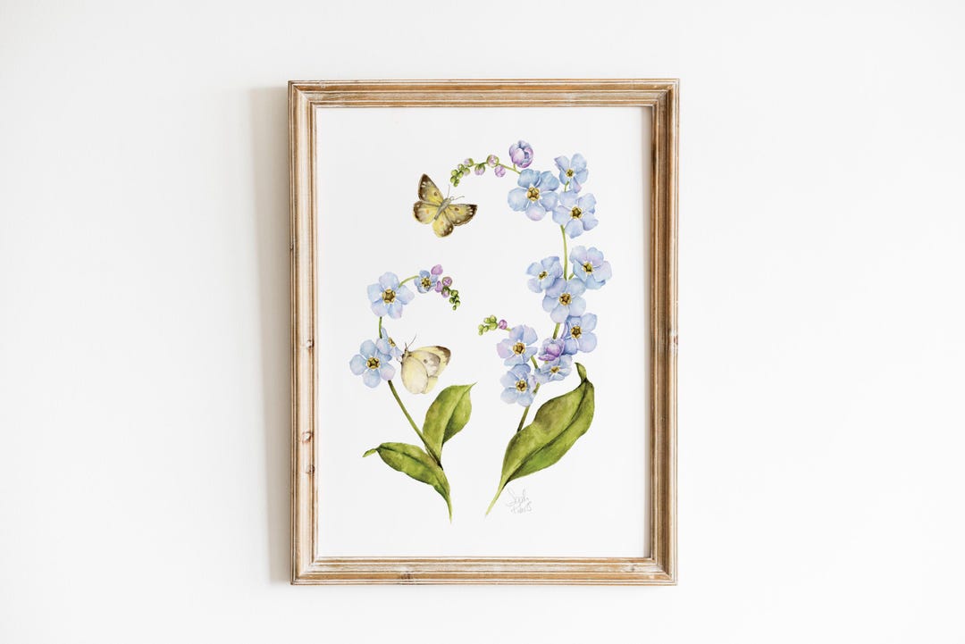 Forget Me Nots With Butterflies Watercolor Print, Botanical Wall Art ...
