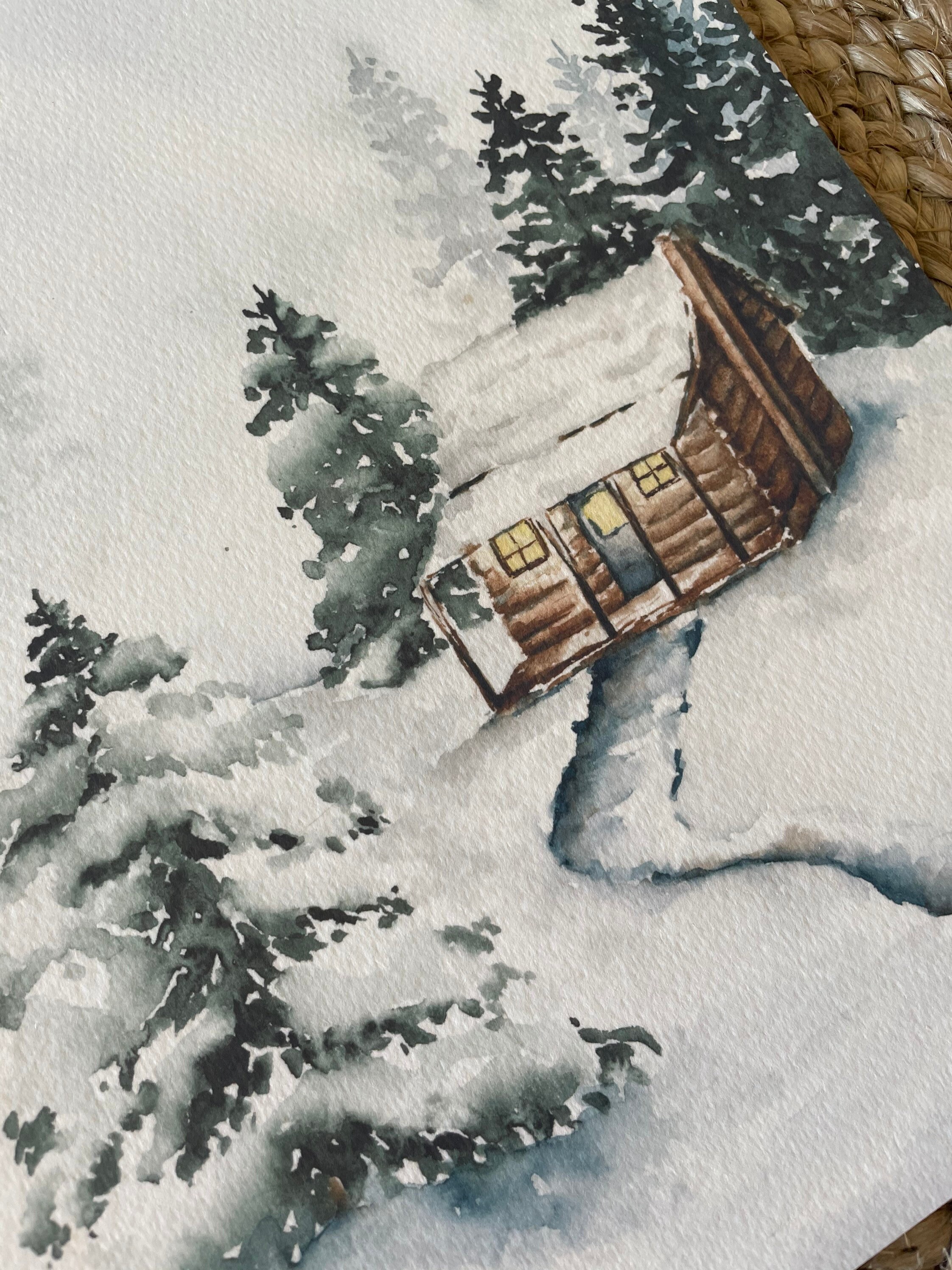 Snowy Cabin Watercolor Print, Winter Landscape Print, Christmas Wall ...