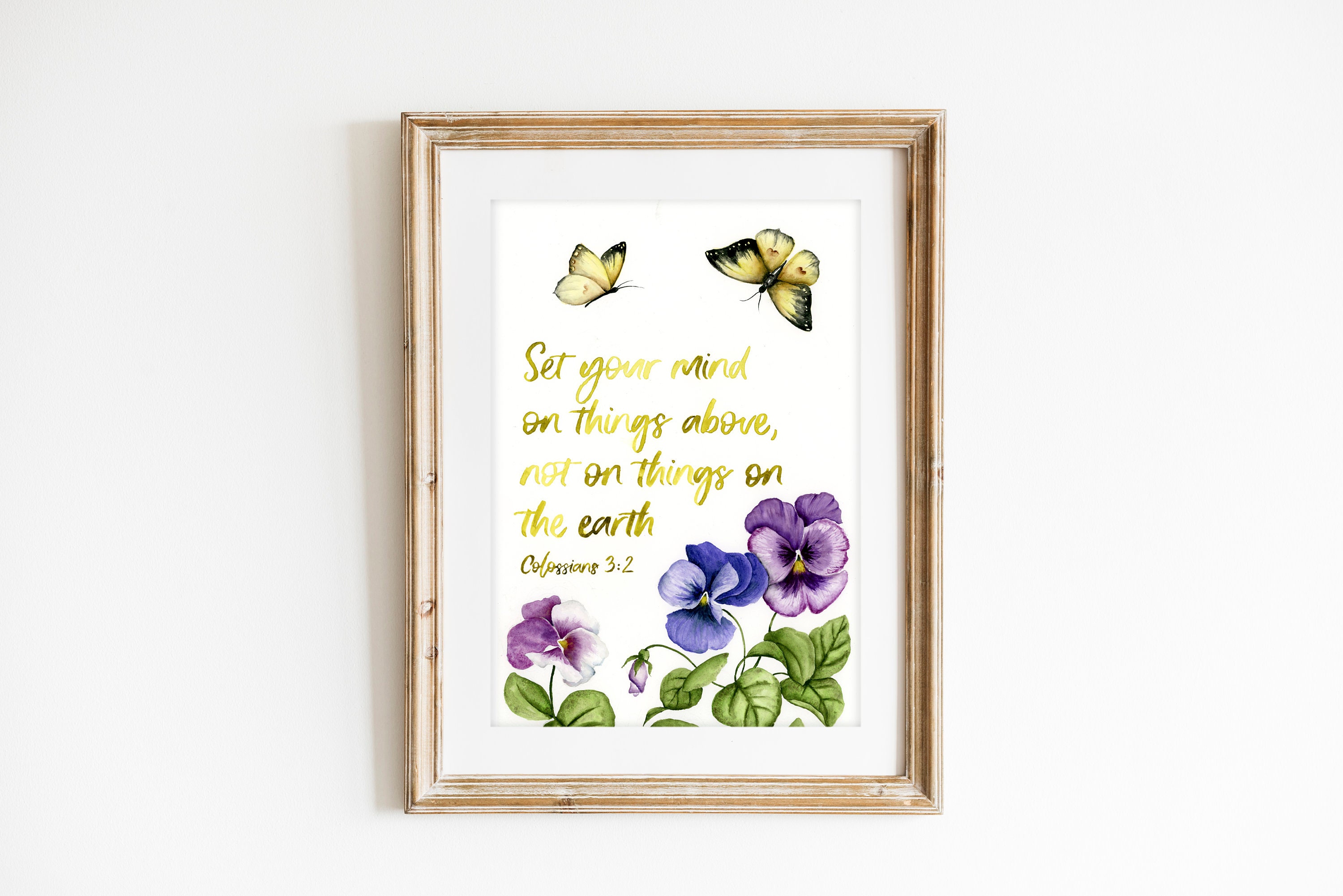 Colossians 3:2, Scripture Art, Watercolor Pansy Flowers and Butterfly ...