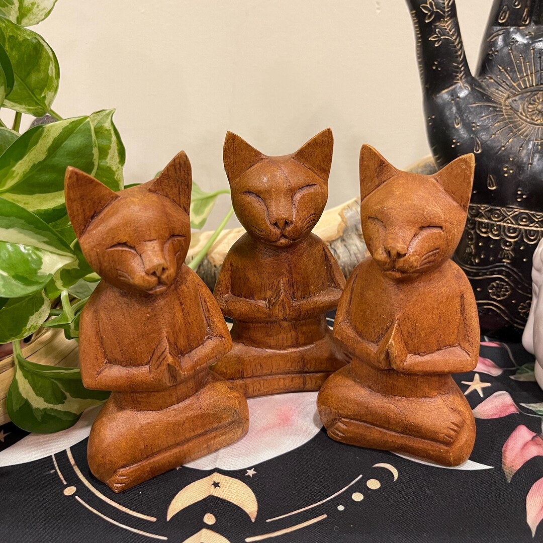Carved Wooden Zen Cat Statue/budda Cat/meditation Cat/namaste Cat/cat ...
