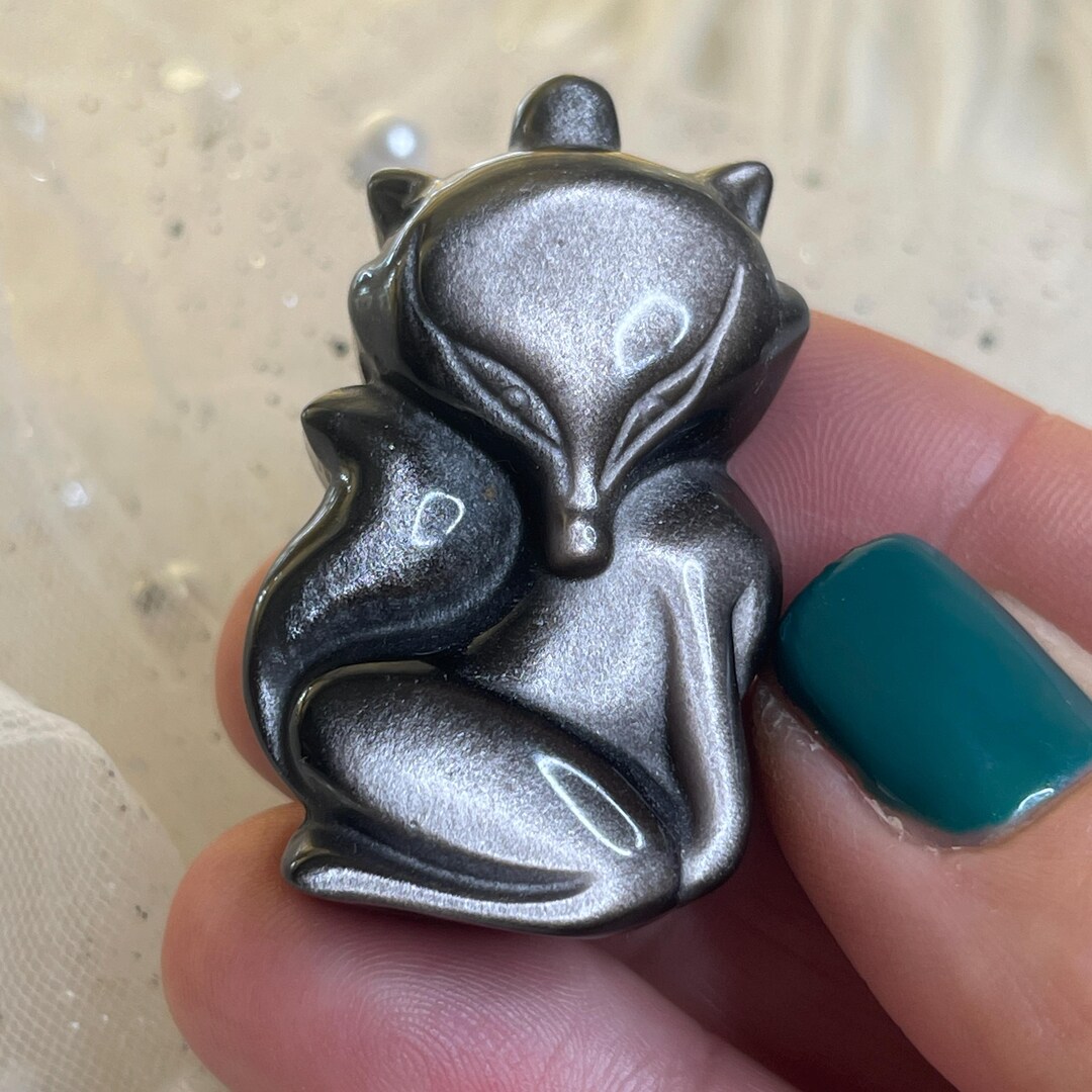1.7" Silver SHEEN OBSIDIAN FOX Polished Carving/silver Sheen Obsidian ...