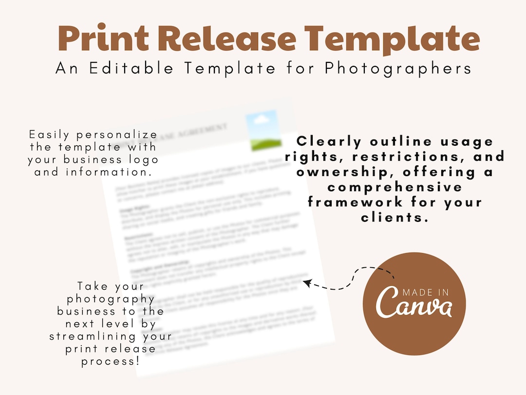 Editable Print Release Template for Photographers - Portrait & Wedding ...
