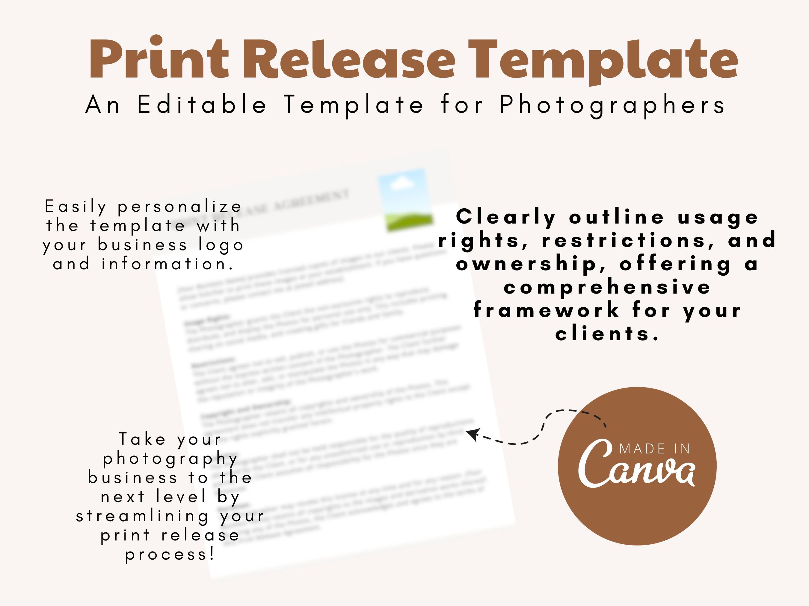Editable Print Release Template for Photographers - Portrait & Wedding ...