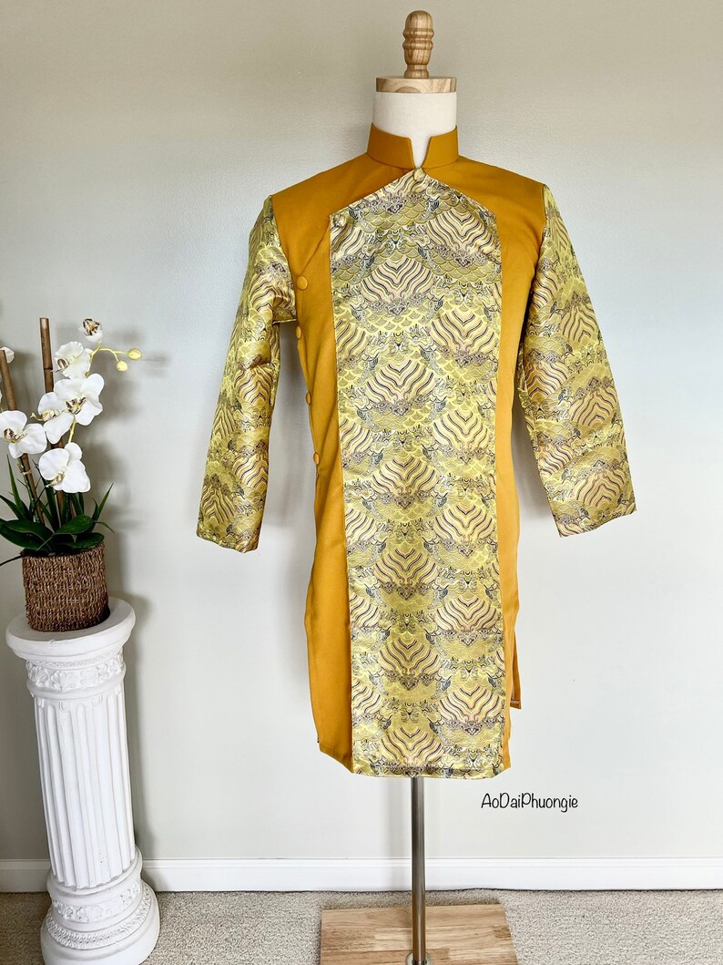 Ao Dai Matching Gold Brocade With Modern Print - Etsy