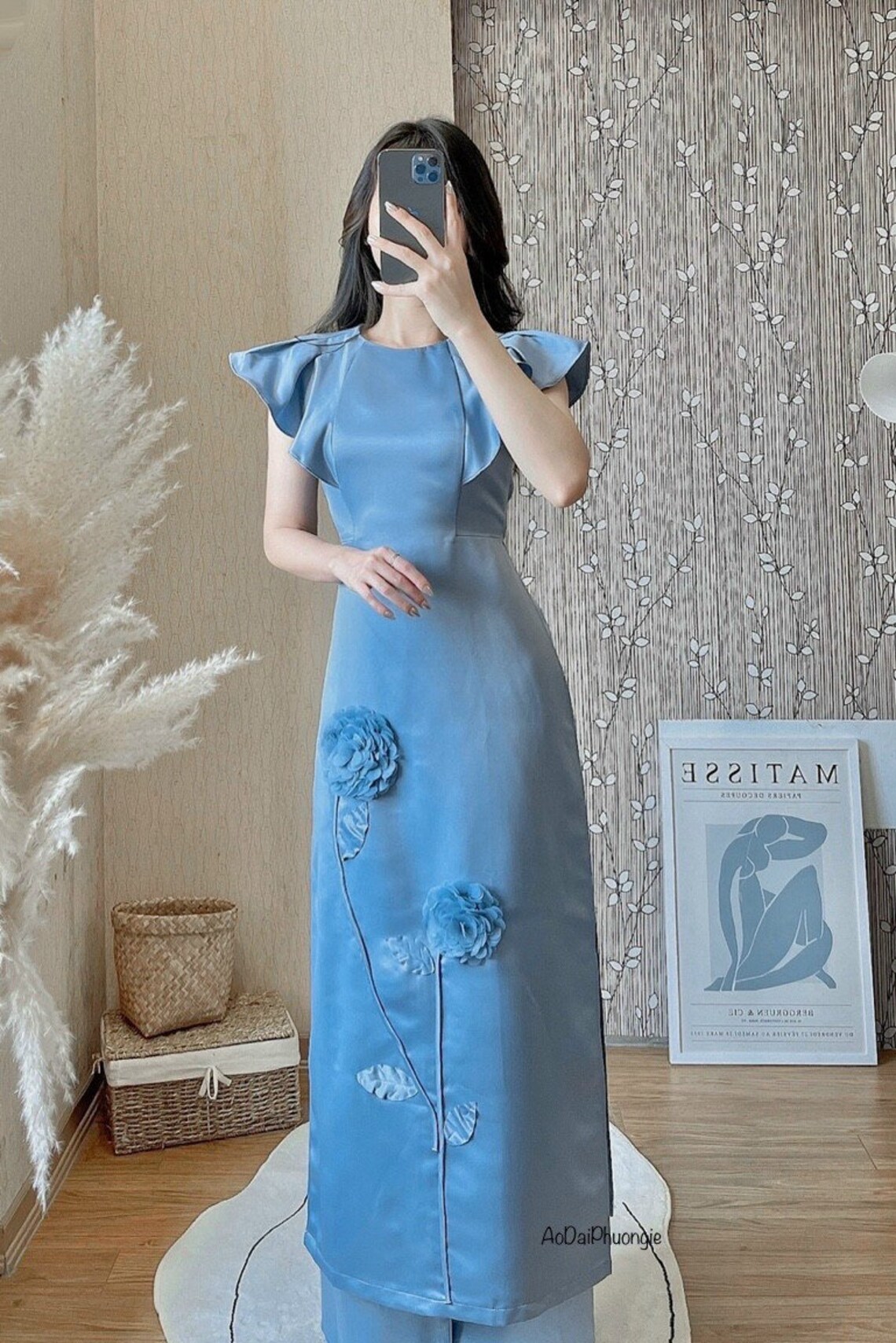 Modern Ao Dai Bat Sleeves With Fabric Flowers in Light Blue - Etsy