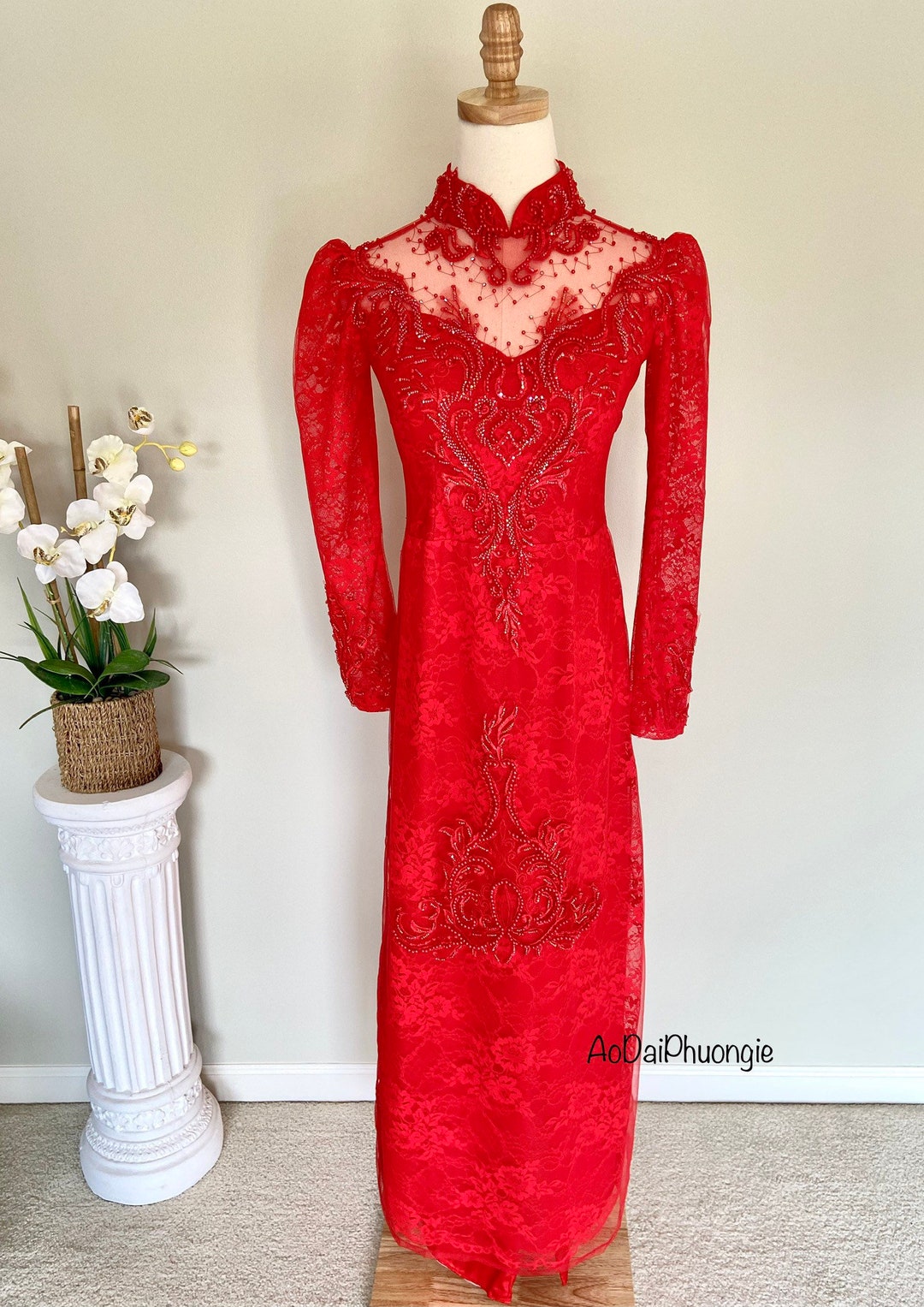 Bridal Ao Dai - Red With Bead Design - Size S - Etsy
